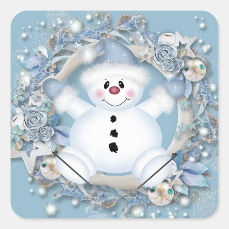 Blue Snowman Square Sticker | Zazzle
