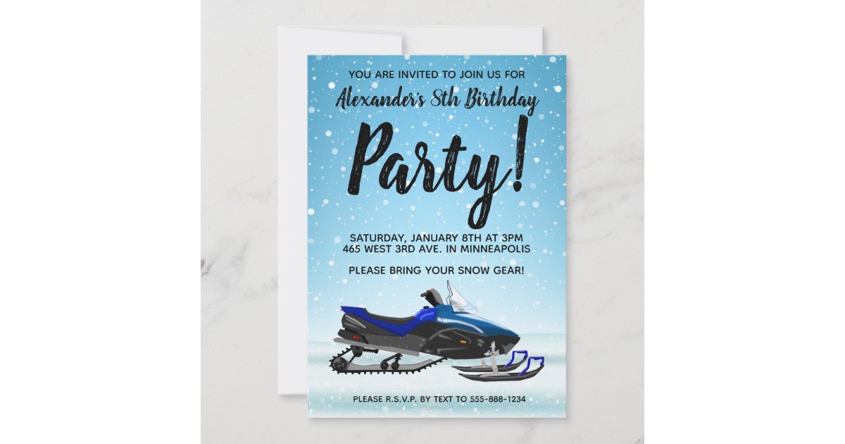 Blue Snowmobile Winter Birthday Party Invitation | Zazzle