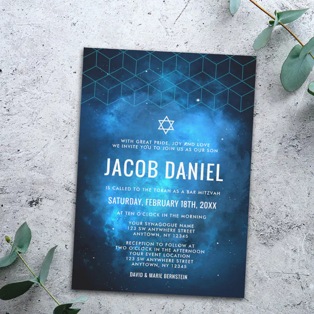 Blue Space Galaxy Bar Mitzvah Invitations | Zazzle