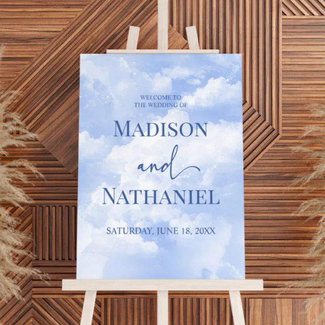 Blue Sparkle Clouds Elegant Wedding Welcome Sign | Zazzle