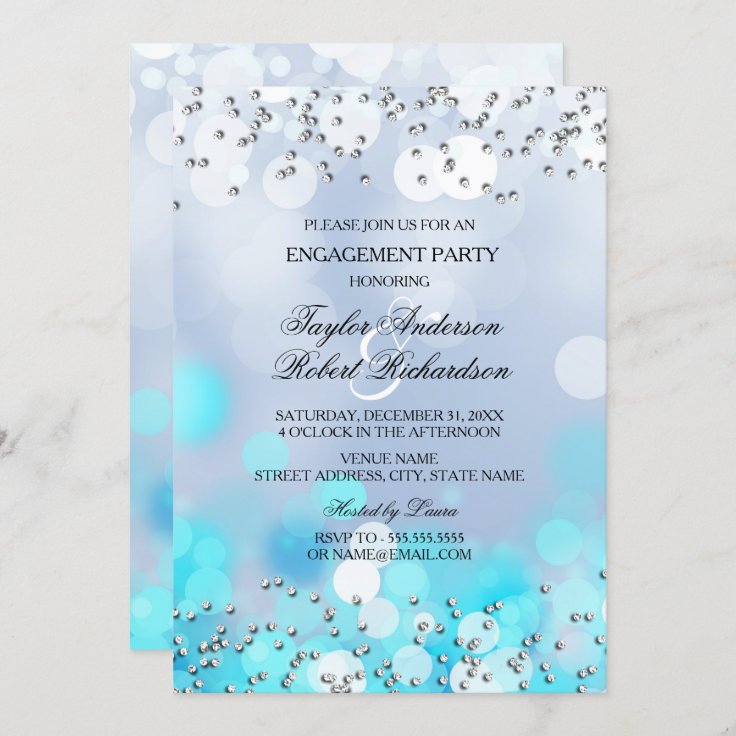 Blue Sparkle Lights Engagement Party Invitation | Zazzle