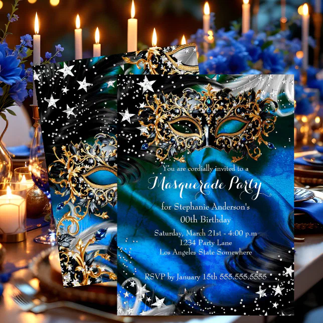Blue Sparkle Magical Night Masquerade Party Invitation | Zazzle