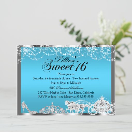 Blue Sparkle Princess Theme Sweet 16 Invite | Zazzle