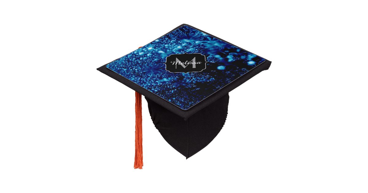 Blue sparkles Abstract Frozen bubbles Monogram Graduation Cap Topper ...