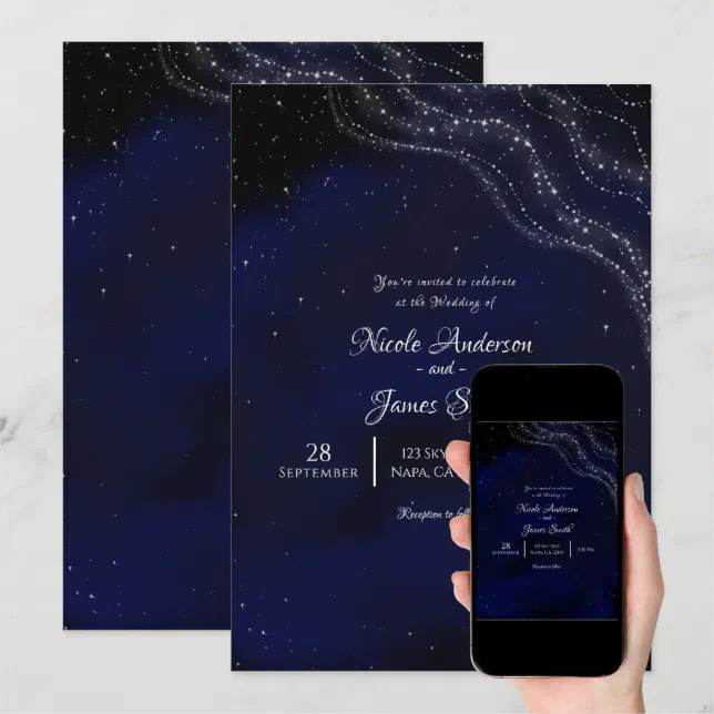 Blue Sparkly Starry Night Sky Wedding Invitation | Zazzle