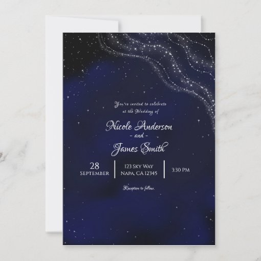 Blue Sparkly Starry Night Sky Wedding Invitation | Zazzle