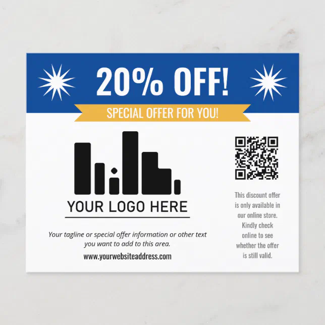 Blue Special Offer Discount Your Logo & QR Code Flyer | Zazzle