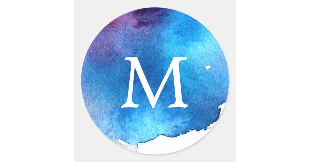 Blue Splash Watercolor Wedding Monogram Classic Round Sticker | Zazzle