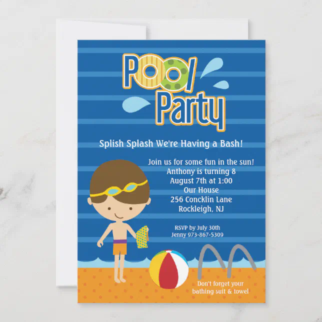 Blue Splish Splash Boys Pool Party Birthday Invite | Zazzle