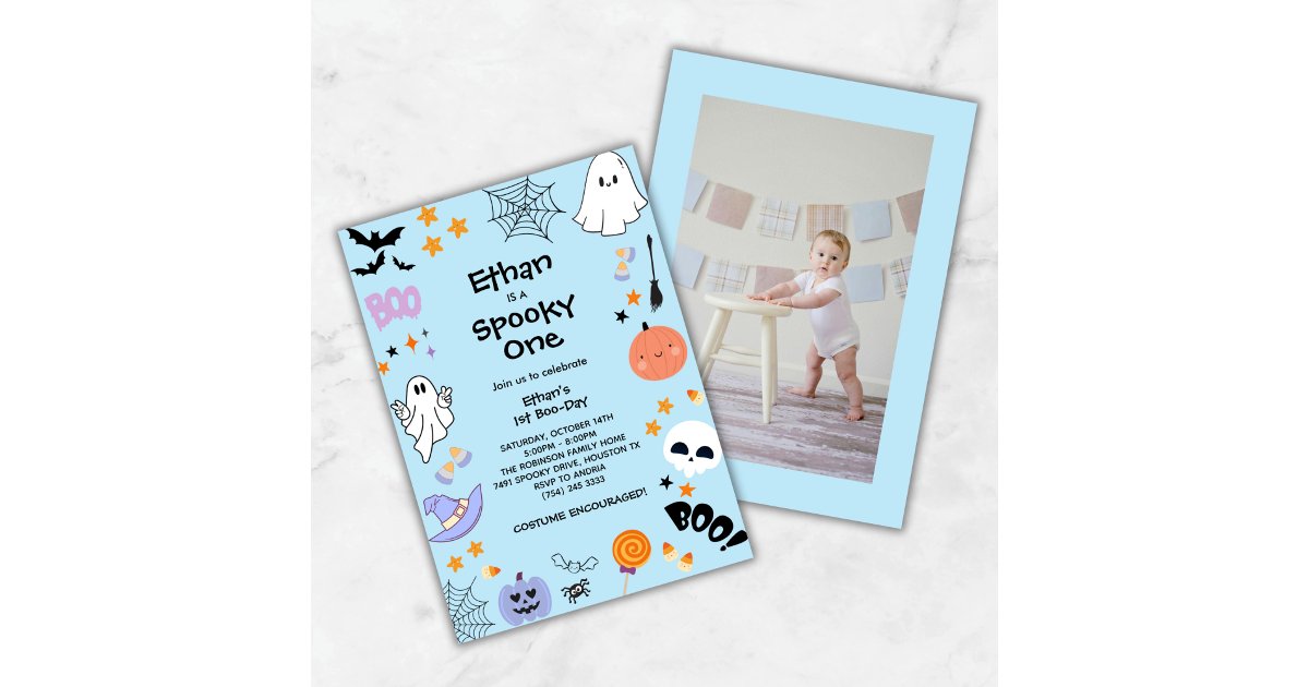 Blue Spooky One Cute Photo Halloween 1st Birthday Invitation | Zazzle