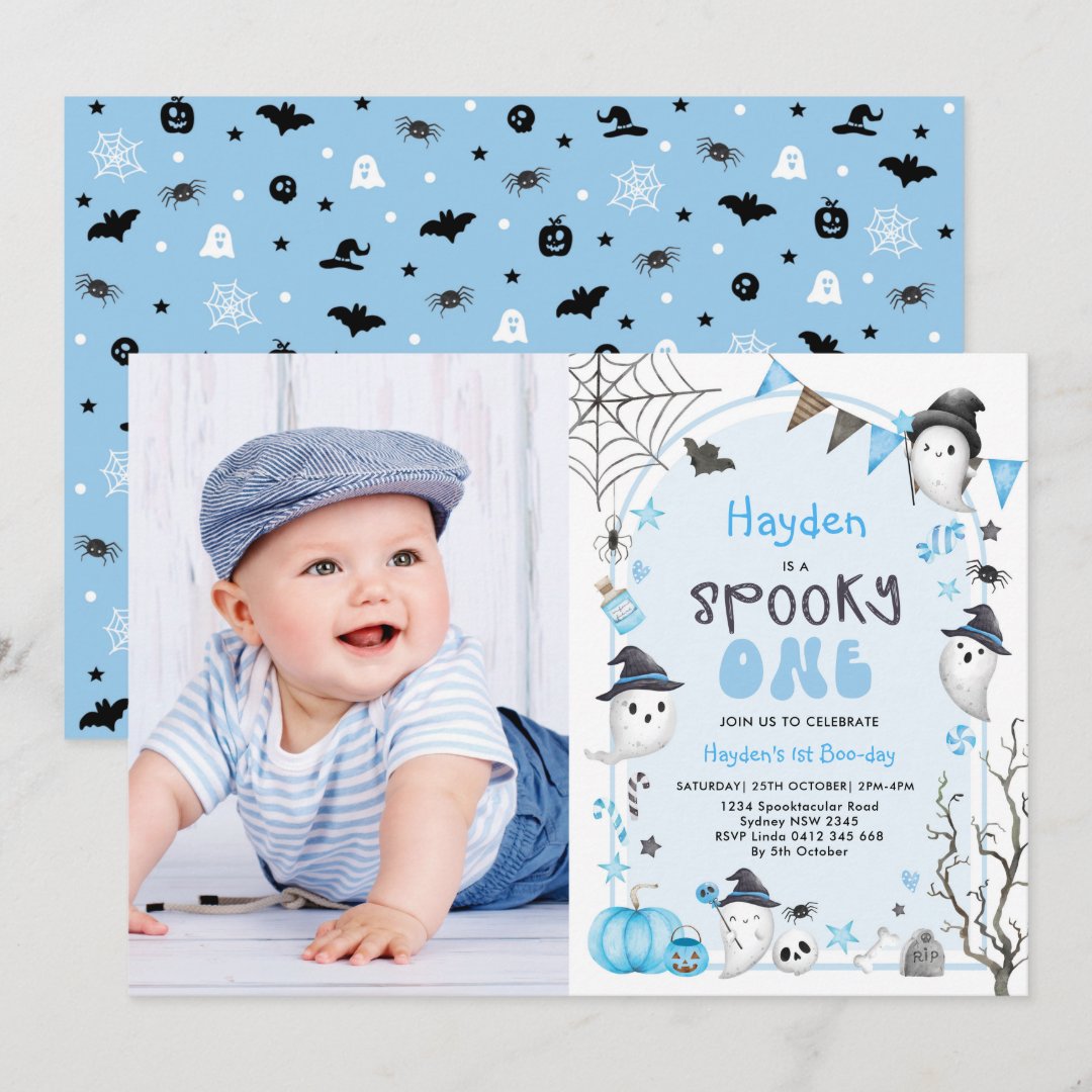 Blue Spooky One Halloween Ghost 1st Birthday Photo Invitation | Zazzle