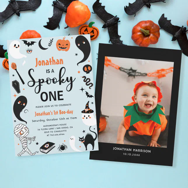 Blue Spooky One Halloween Photo Boy 1st Birthday Invitation | Zazzle