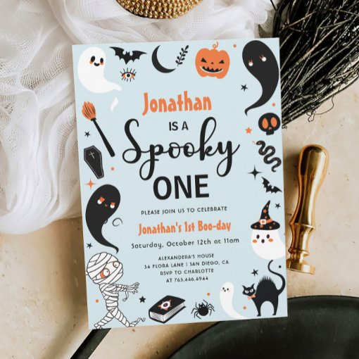 Blue Spooky One Halloween Photo Boy 1st Birthday Invitation | Zazzle