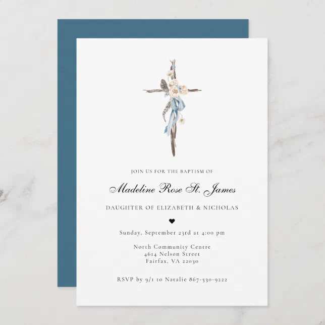 Blue Spring Blooms | Floral Cross Baptism Invitation | Zazzle