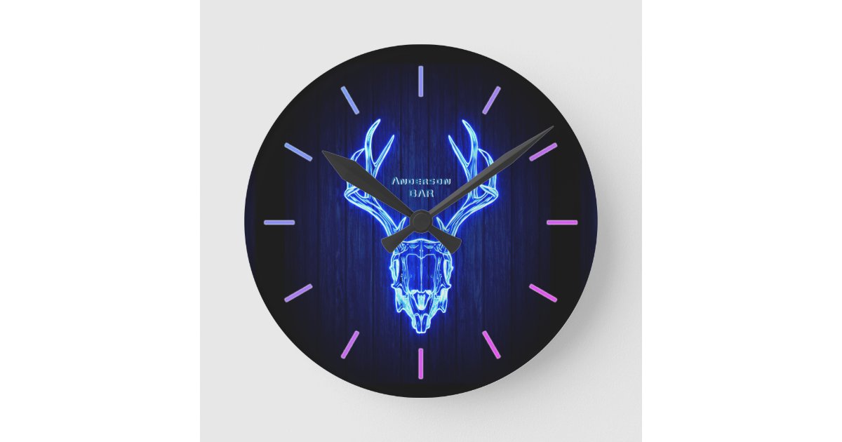 BLUE STAG SKULL Neon Light Style Personalized Wall Round Clock | Zazzle