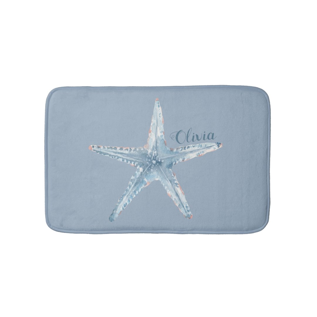 Blue Starfish With Name Bath Mat | Zazzle
