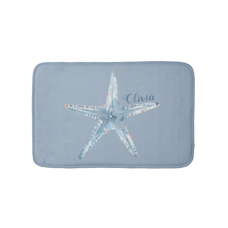 Blue Starfish With Name Bath Mat | Zazzle