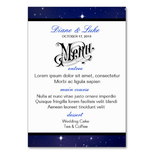 Blue Starry Night City Skyline Menu+Table Card | Zazzle