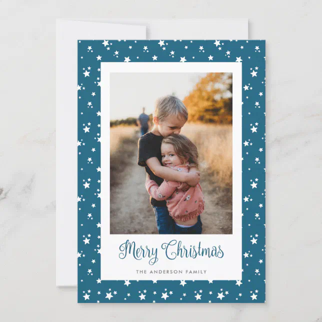 Blue Stars Photo Merry Christmas Cards | Zazzle