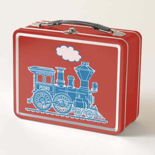 Blue steam loco train kids custom name lunch box | Zazzle