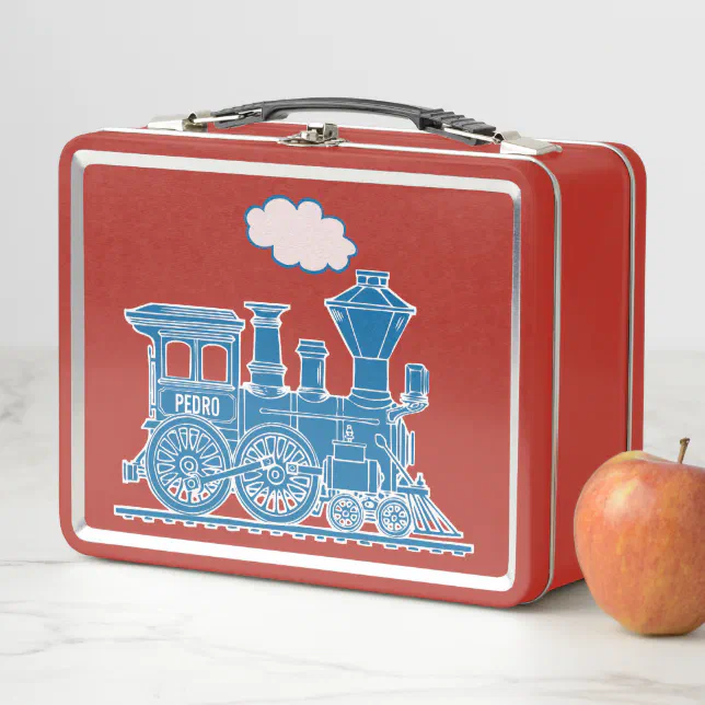 Blue steam loco train kids custom name lunch box | Zazzle