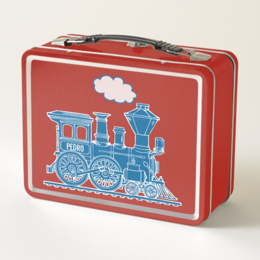 Blue steam loco train kids custom name lunch box | Zazzle