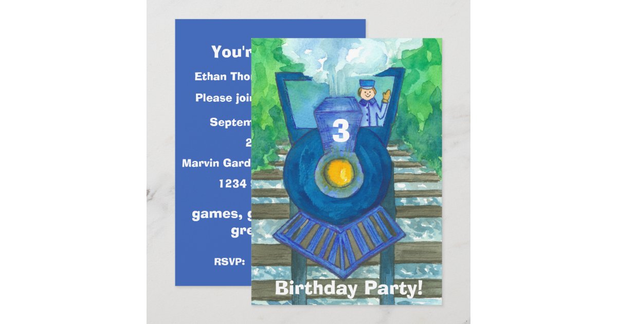 Blue Steam Train 3rd Birthday Party Invitation | Zazzle