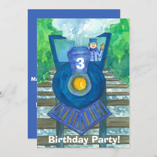 Blue Steam Train 3rd Birthday Party Invitation | Zazzle
