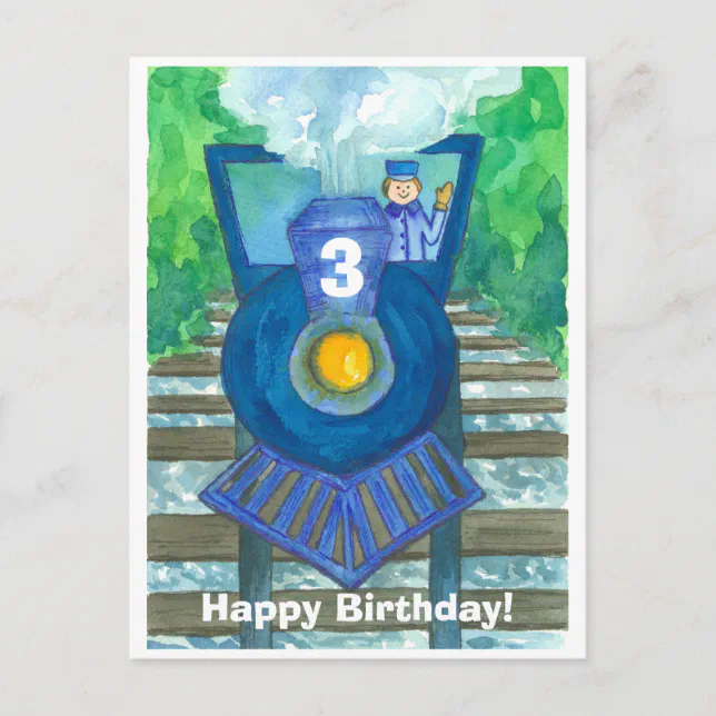 Blue Steam Train Happy Third Birthday Postcard | Zazzle