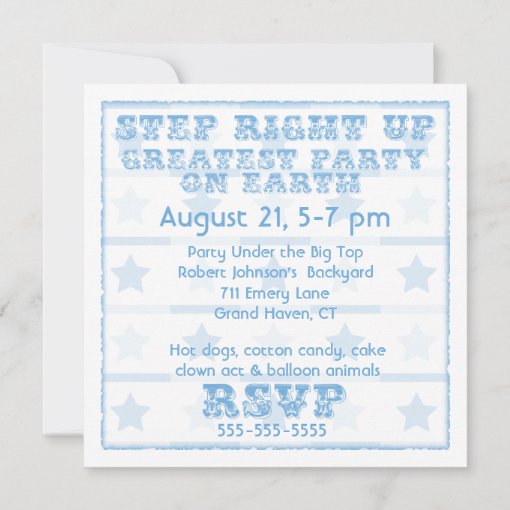 Blue Step Right Up Circus Birthday Invitations | Zazzle