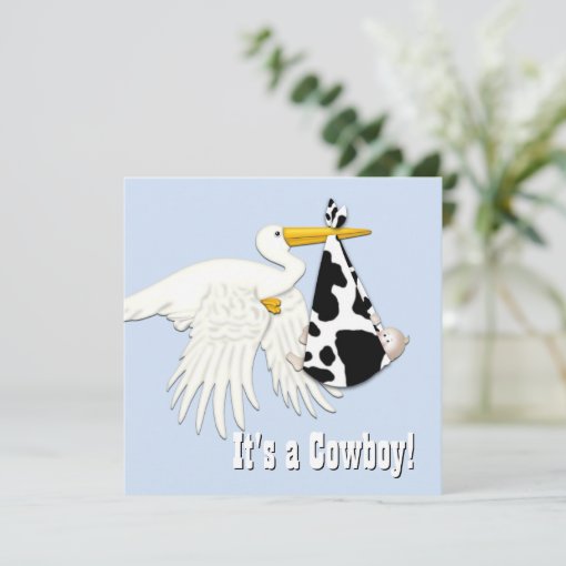 Blue Stork Cow Print Cowboy Baby Shower Invitation | Zazzle