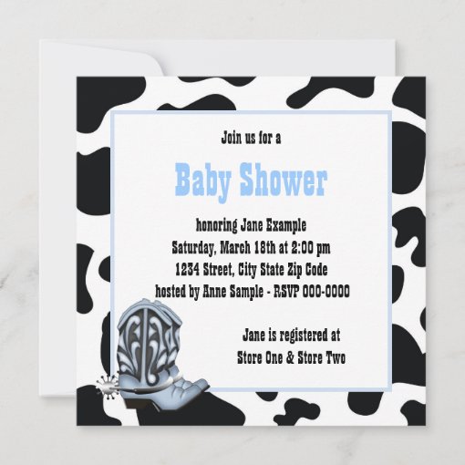 Blue Stork Cow Print Cowboy Baby Shower Invitation | Zazzle