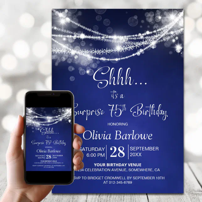 Blue String Lights Surprise 75th Birthday Party Invitation | Zazzle