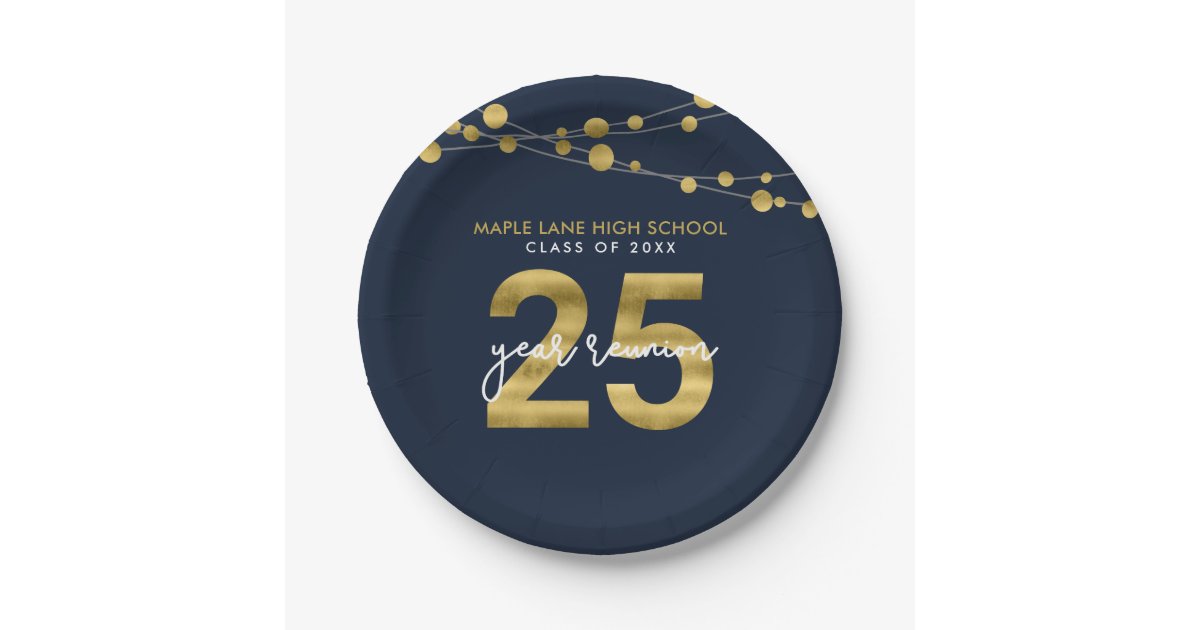 Blue Strings of Lights 25 Year Class Reunion Paper Plates | Zazzle