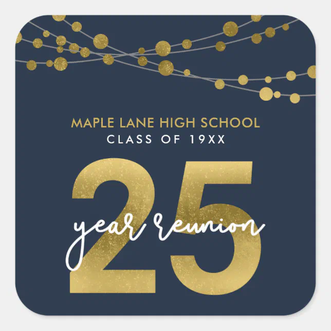 Blue Strings of Lights 25 Year Class Reunion Square Sticker | Zazzle