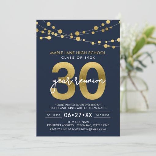 Blue Strings of Lights 30 Year Class Reunion Invitation | Zazzle
