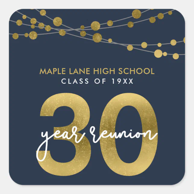Blue Strings of Lights 30 Year Class Reunion Square Sticker | Zazzle