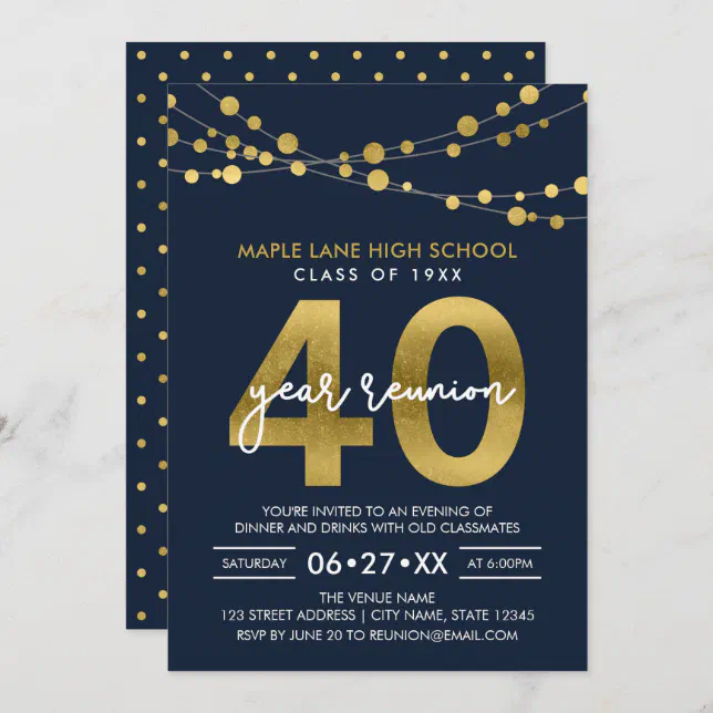Blue Strings of Lights 40 Year Class Reunion Invitation | Zazzle
