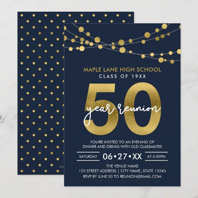 Blue Strings of Lights 50 Year Class Reunion Invitation | Zazzle