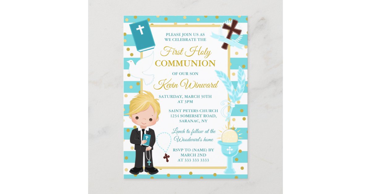 Blue Stripe Blonde Boy First Holy Communion Postca Postcard | Zazzle