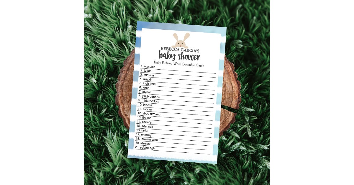 Blue Stripe Bunny Baby Shower Word Scramble Game | Zazzle