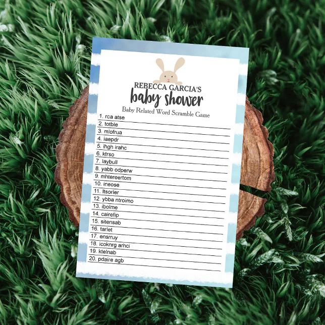 Blue Stripe Bunny Baby Shower Word Scramble Game | Zazzle