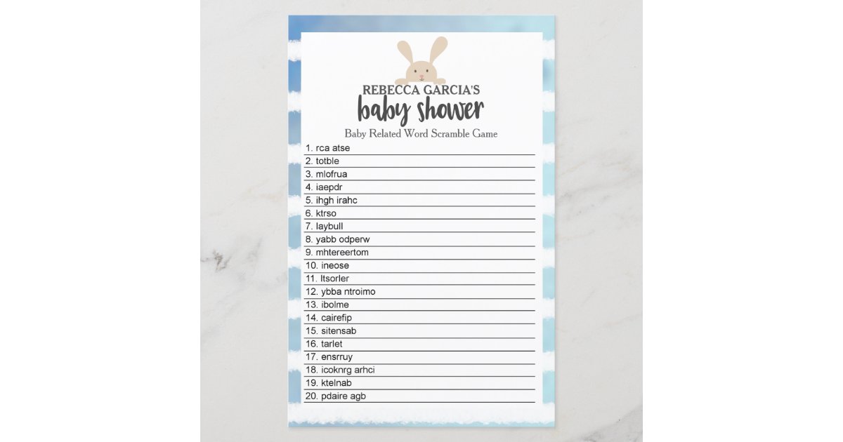 Blue Stripe Bunny Baby Shower Word Scramble Game | Zazzle