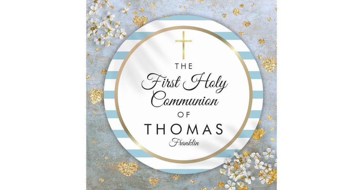 Blue Stripe Gold Cross First Holy Communion Classic Round Sticker | Zazzle