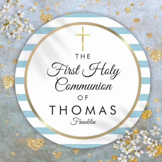 Blue Stripe Gold Cross First Holy Communion Classic Round Sticker | Zazzle