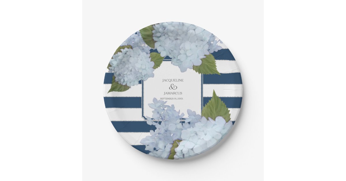 Blue Striped Hydrangea Floral Wreath Hand Painted Paper Plates | Zazzle