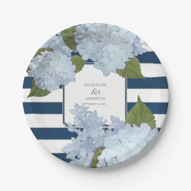 Blue Striped Hydrangea Floral Wreath Hand Painted Paper Plates | Zazzle