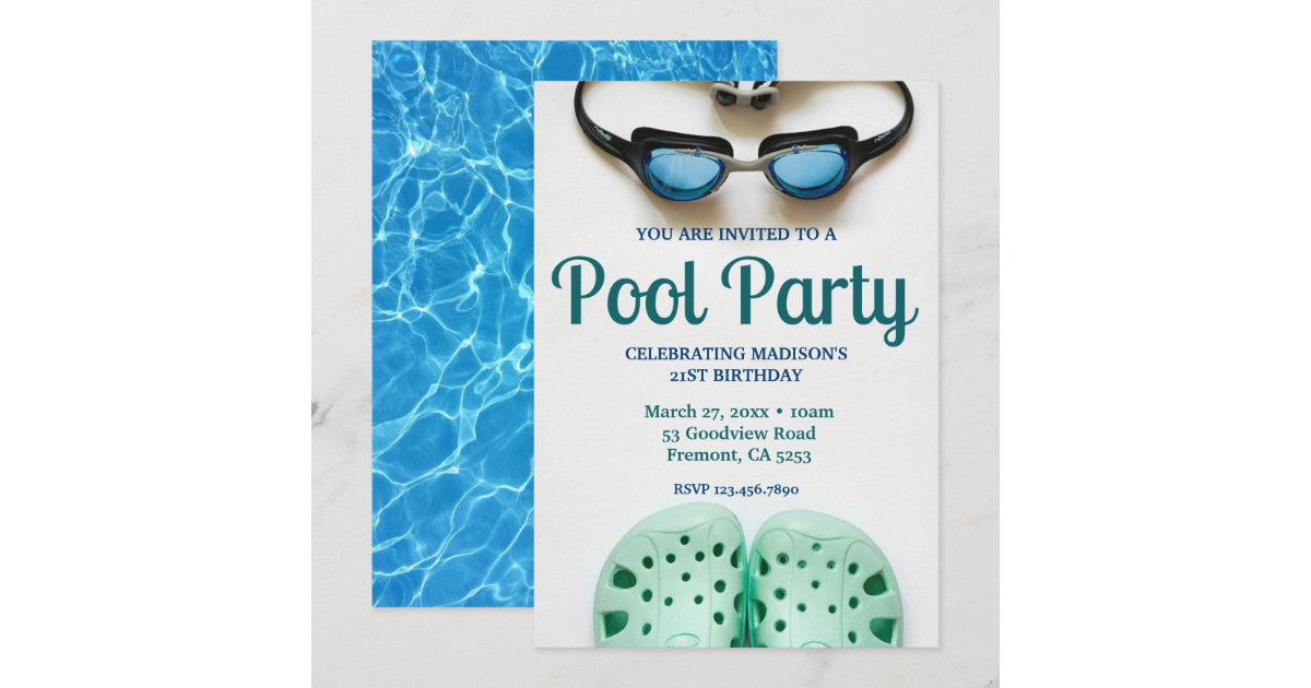 Blue Swimming Goggles Birthday Pool Party Invitation | Zazzle