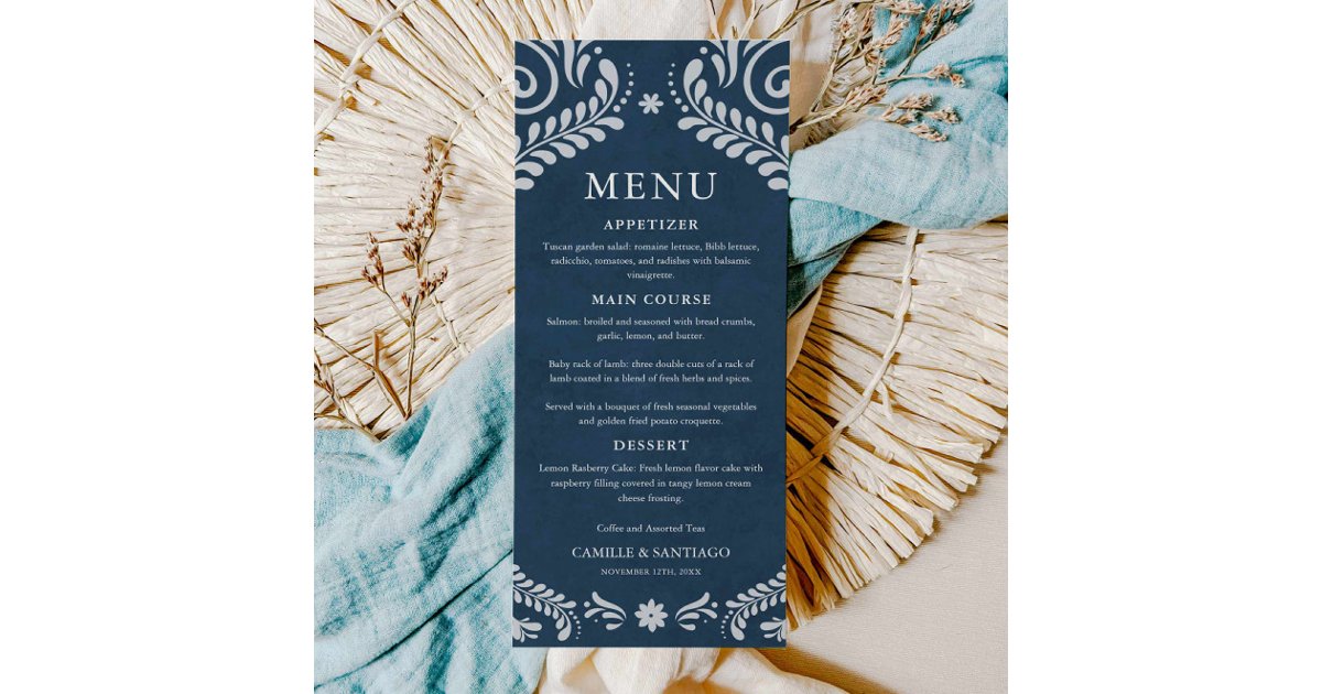 Blue Talavera Mexican Wedding Menu Card | Zazzle