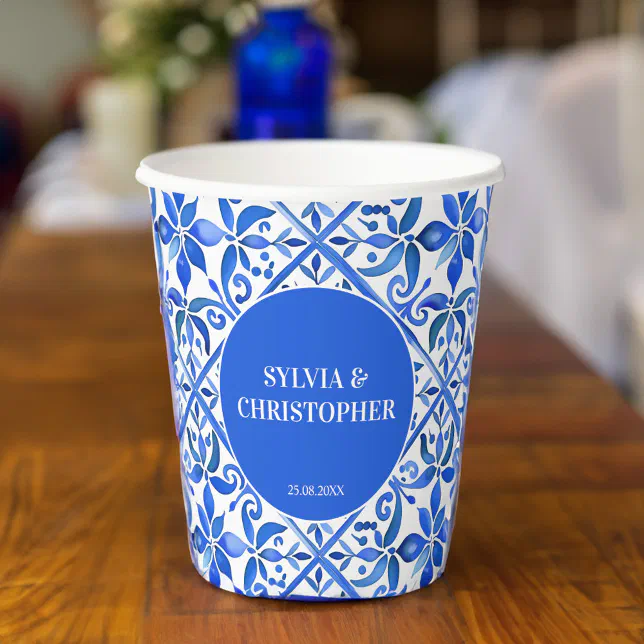 Blue Talavera Spanish tiles monogram wedding Paper Cups | Zazzle